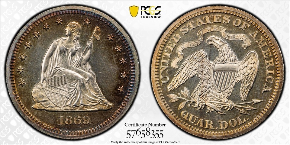 1869 Proof Liberty Seated quarter, PCGS PR64, sweet example ...