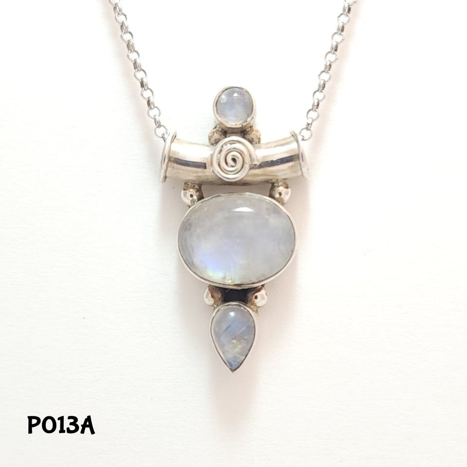 925 Sterling Silver Pendant with 3 Rainbow Moonstones P013A, B, C, D, E ...