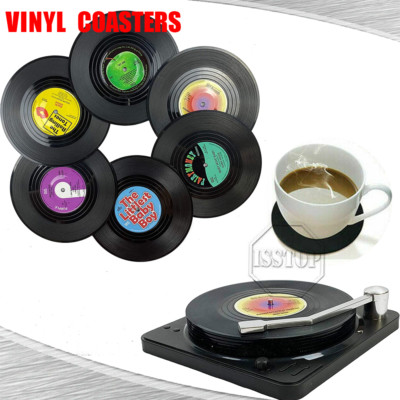 6 Pack Cup Pad Vinyl Coasters Retro Disk Coaster with Holder For Table ...