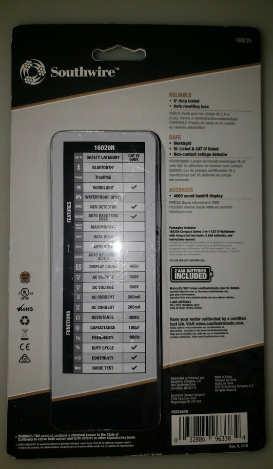 Southwire MULTIMETER 16020N Compact 3-in-1 CAT IV Multimeter 600V NCV ...
