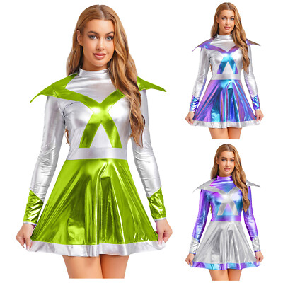 Women Catsuit Carnival Uniform Metallic Dress Shiny Costume Cosplay ...