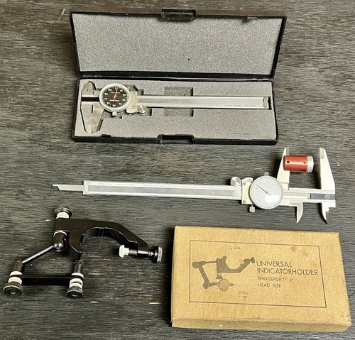 3 MACHINEST TOOLS DIAL CALIPER w/ CASE BRIDGEPORT INDICATOR HOLDER ...
