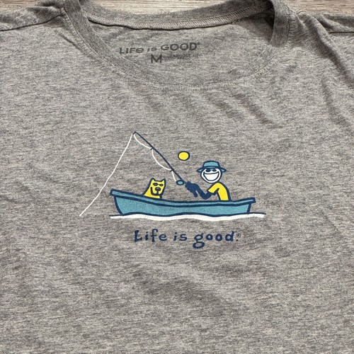Life Is Good Shirt Adult Medium Gray Fishing Dog Graphic Tee Short ...
