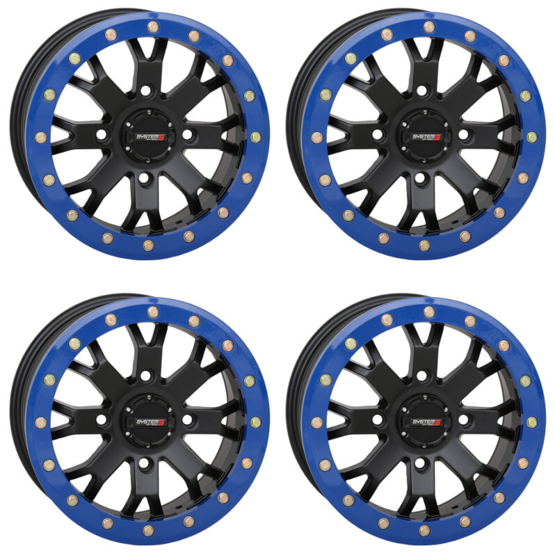 4 ATV/UTV Wheels Set 15in System 3 SB-4 Beadlock Matte Black Blue 4/156 ...