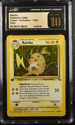 Pokemon Raichu Fossil 1st Edition CGC Pristine 10 1999 Holo Rare 14/62 ...