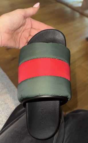 GUCCI PADDED WEB SLIDE SANDALS -GREEN / RED PUFFER NYLON -WOMEN’S US 8 ...