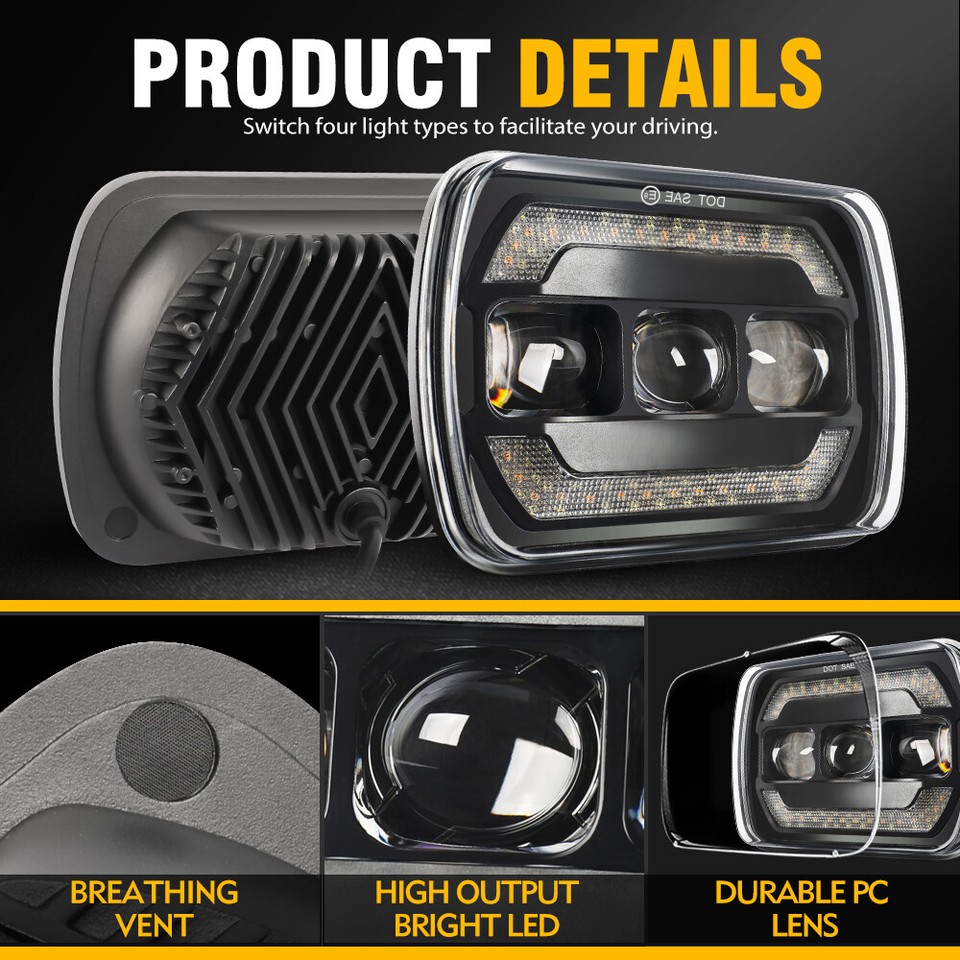 1978-1986 Ford F150 Bronco Pair 7x6" Square LED Headlights Turn Signal ...