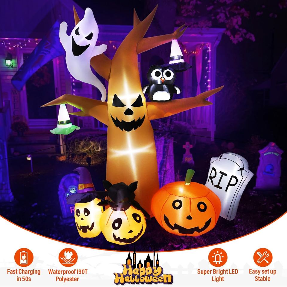 8 FT Tall Halloween Inflatable Scary Tree with Ghost, Pumpkin, Owl and ...