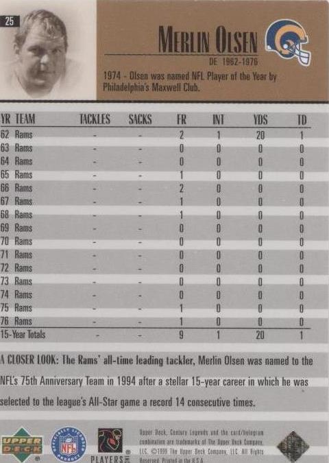 1999 Upper Deck Century Legends Merlin Olsen #25 for sale | eBay