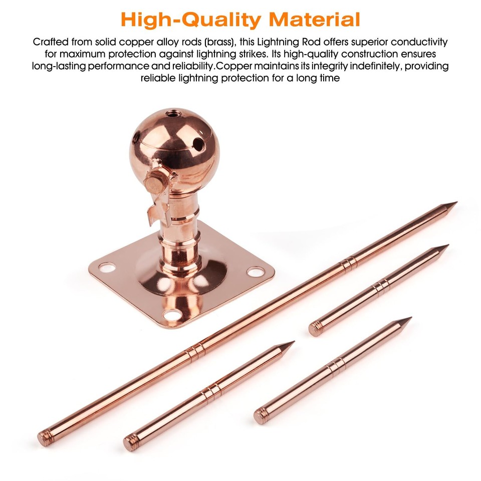 Lightning Rod,Copper Brass Lightning Rod Kit System with 60 feet 6 AWG ...