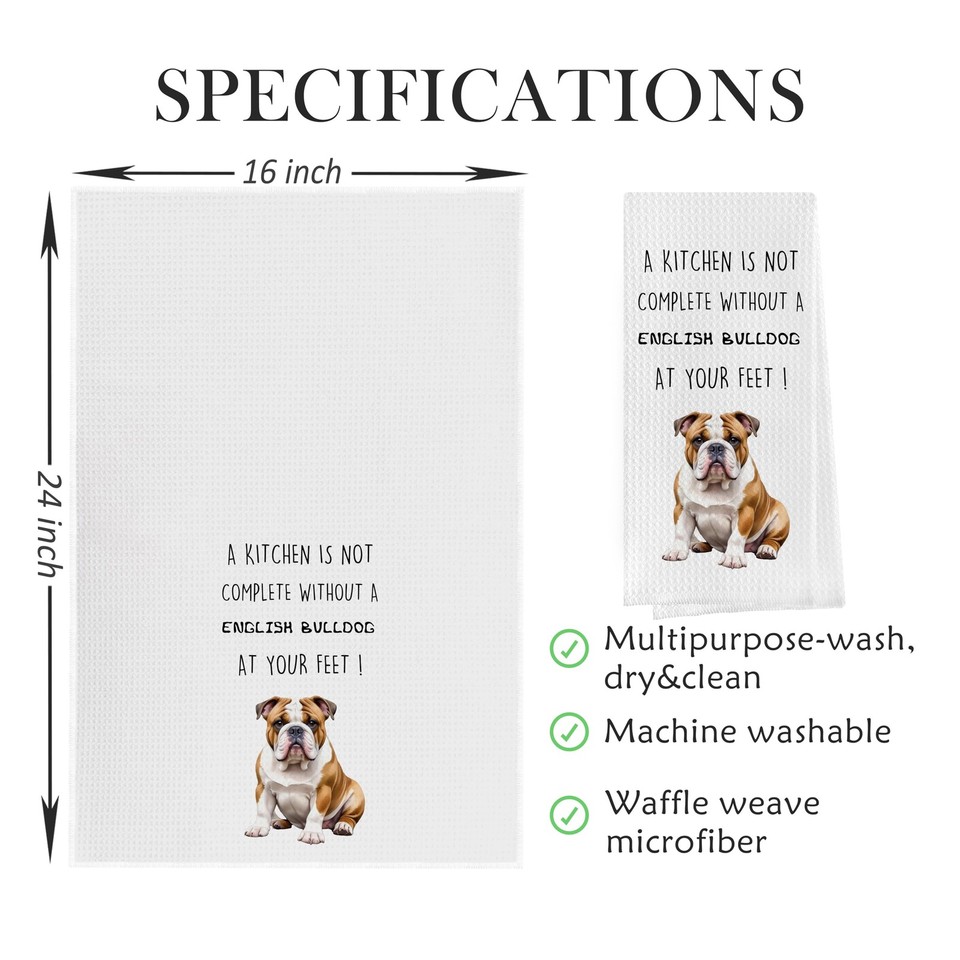 English Bulldog Dish Towels Set 2 Funny Dog Gift Waffle Kitchen Hand ...