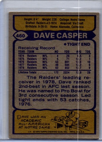 Dave Casper Topps 1979 Topps Cream Colored Back #460 | eBay