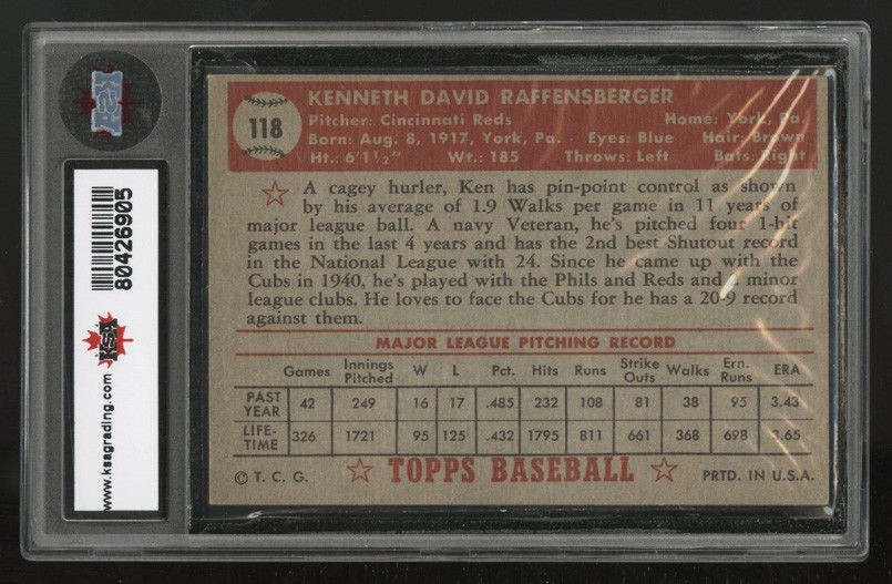 1952 TOPPS BASEBALL ~ #118 ~ KEN RAFFENSBERGER ~ CINCINNATI REDS ~ KSA ...