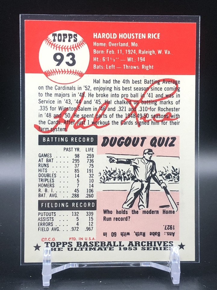 1991 Topps Archives 1953 #93 Hal Rice Bio uses black text | eBay