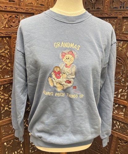 Vtg Cheek-0 Large Sweatshirt grandmas Always Patch Things Up Blue Crew ...