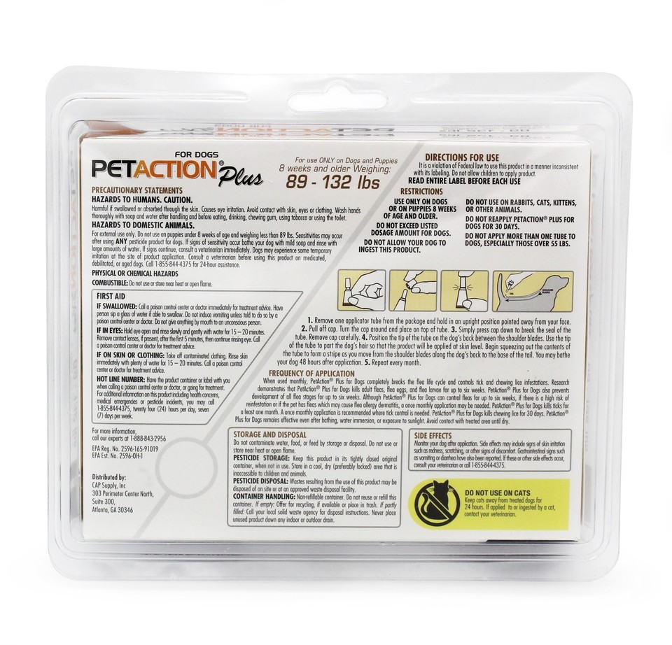 Pet Action Plus for Dogs Flea Control, 89 to 132 lbs, 3 Doses / 3 ...