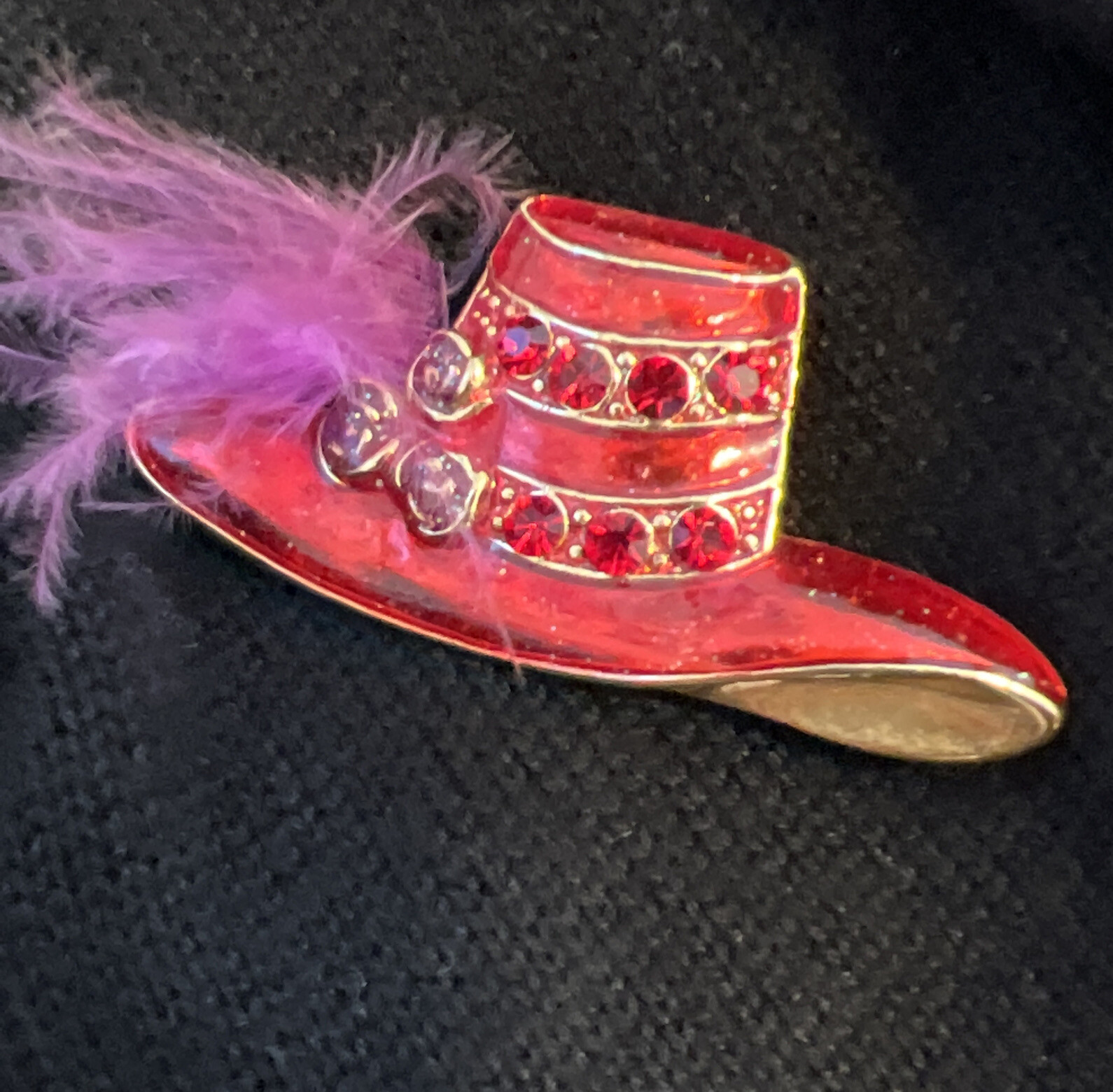 Vintage Red Hat Purple Feather Gold Rhinestones Pin Brooch Jewelry ...