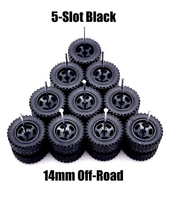 5x Sets Black 5 Slot 14mm OFF ROAD Real Rider Wheel W/ Rubber 1/64 H0T ...