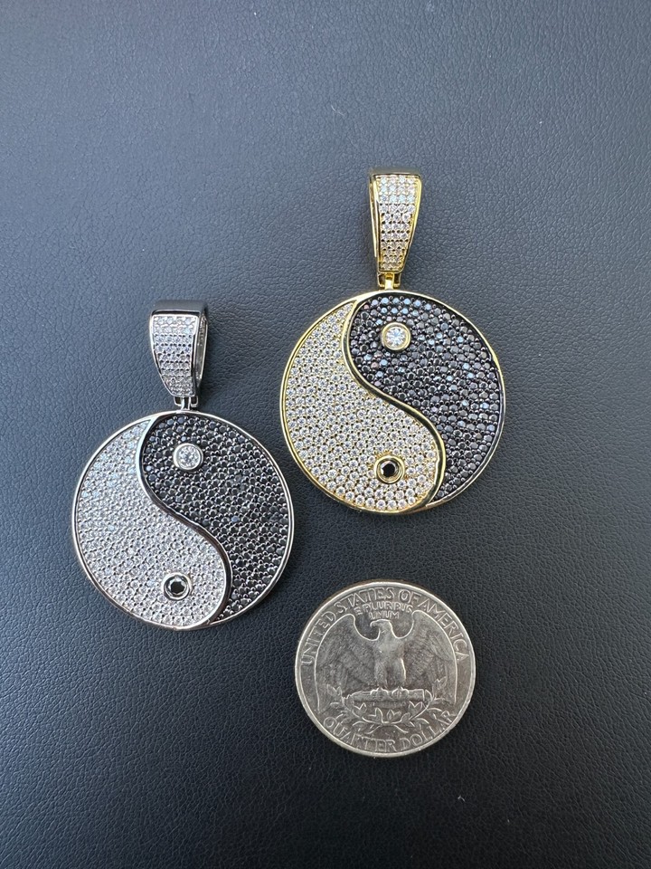 MOISSANITE Real 925 Silver / Gold Iced Ying Yang Chinese Symbol Pendant ...