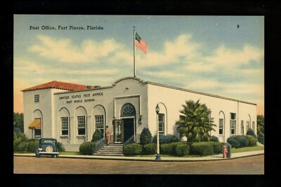 Post Office postcard Florida FL Fort Pierce flag car fire hydrant ...
