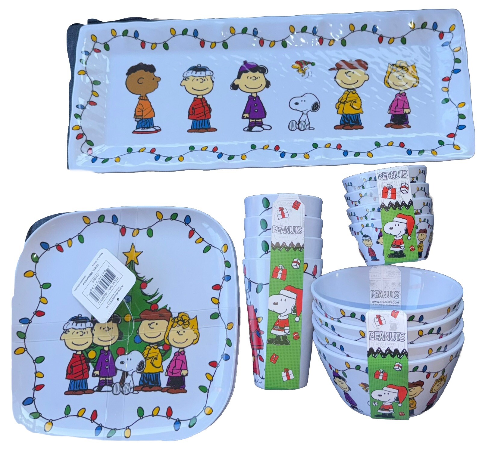 Peanuts Charlie Brown Gang Melamine Christmas Set Plates Bowls Platter ...