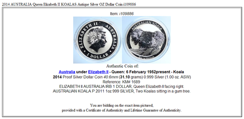 2014 AUSTRALIA Queen Elizabeth II KOALAS Antique Silver OZ Dollar Coin ...