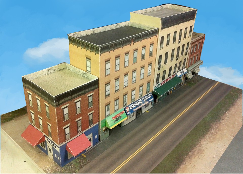 N Scale Buildings - Downtown apartments with shops Cardstock kit set ...