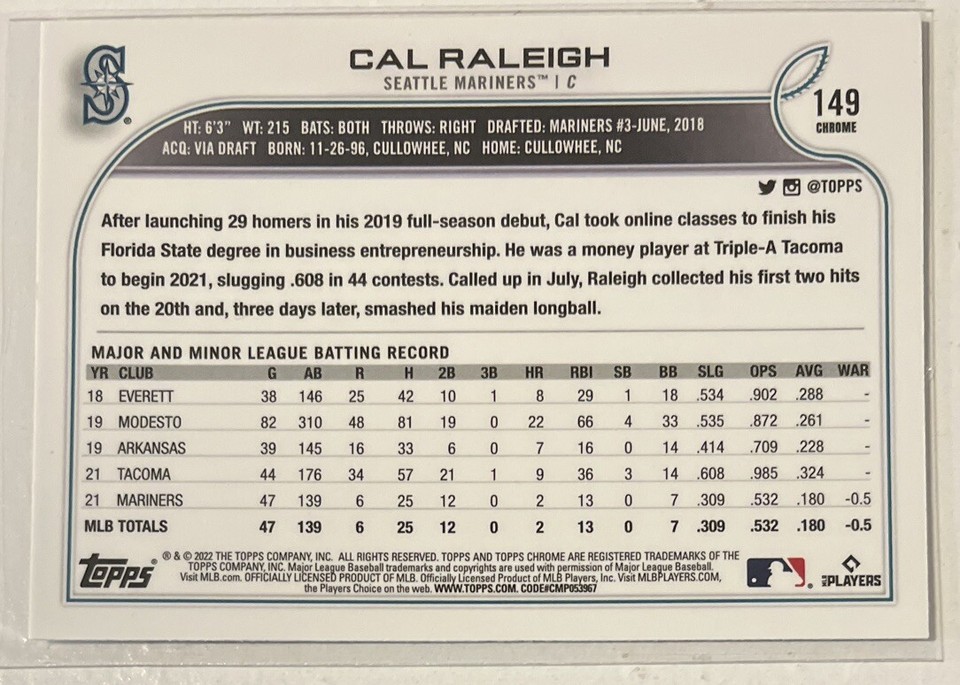 2022 Topps Chrome Cal Raleigh Rookie Card RC #149 Seattle Mariners MLB ...