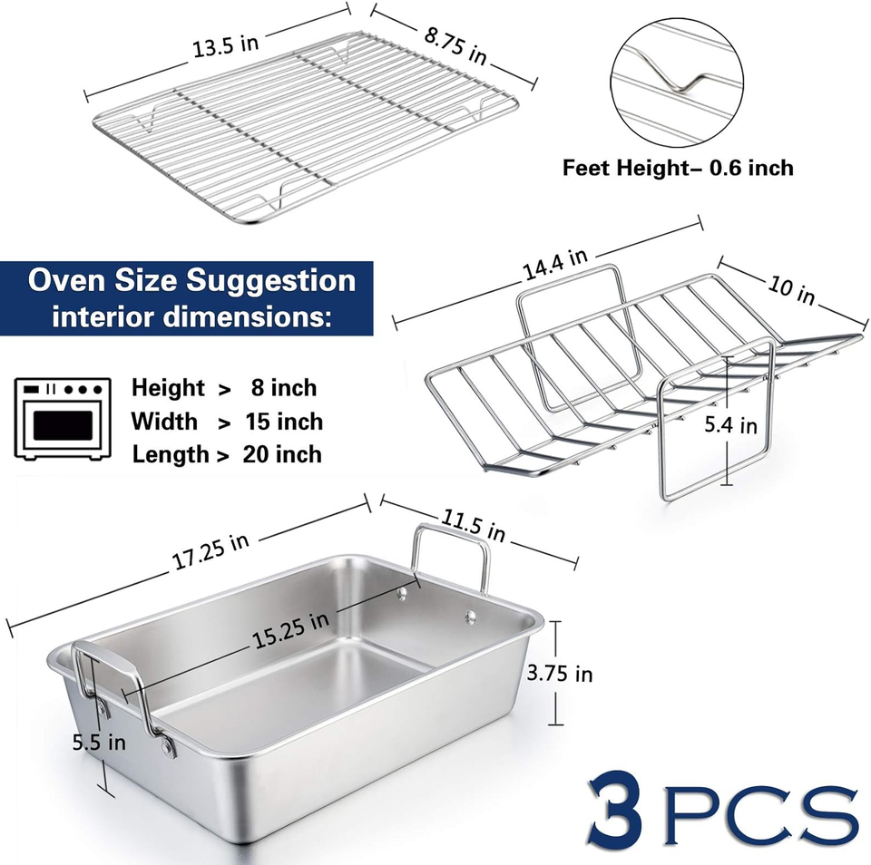 16” Stainless Steel Roaster Pan with V-Shaped Rack & Baking Rack ...