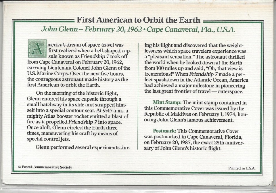 John Glenn First Day Cover "First American Orbit Earth" Cape Canaveral ...