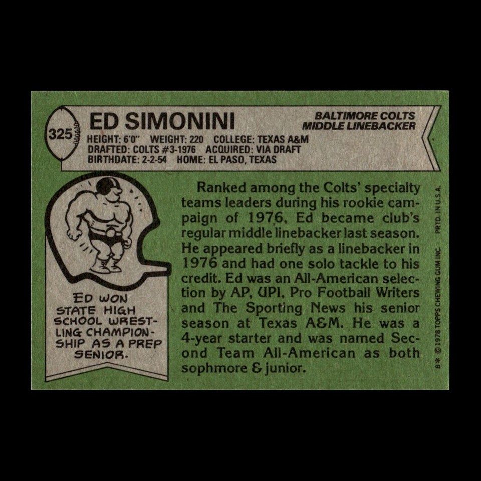 Ed Simonini 1978 Topps Rookie Baltimore Colts #325 R309A 1 | eBay