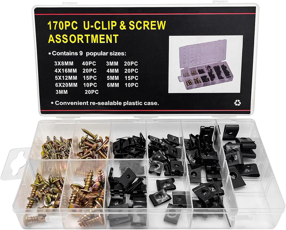 170 PCS Car U-Clip and Screw Assortment Kit, Auto U Nut and Screw Clip ...