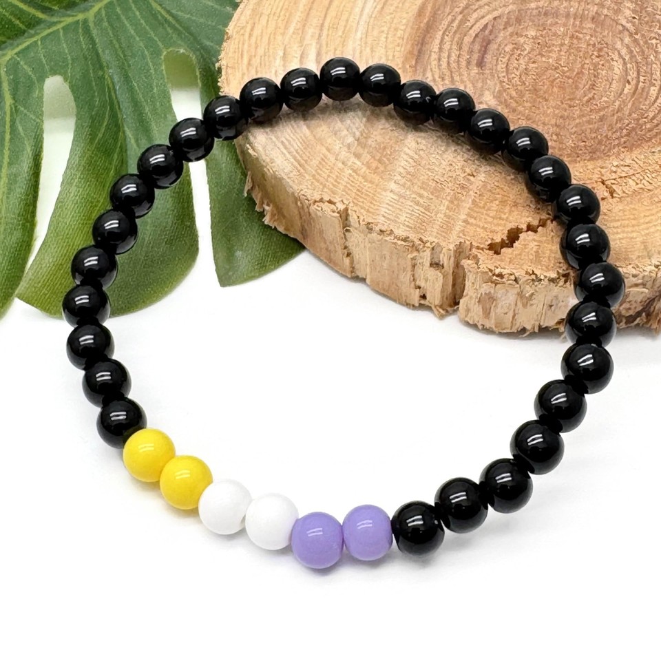 Non Binary Flag Bead Bracelet, 6mm Yellow White Lavender and Black ...