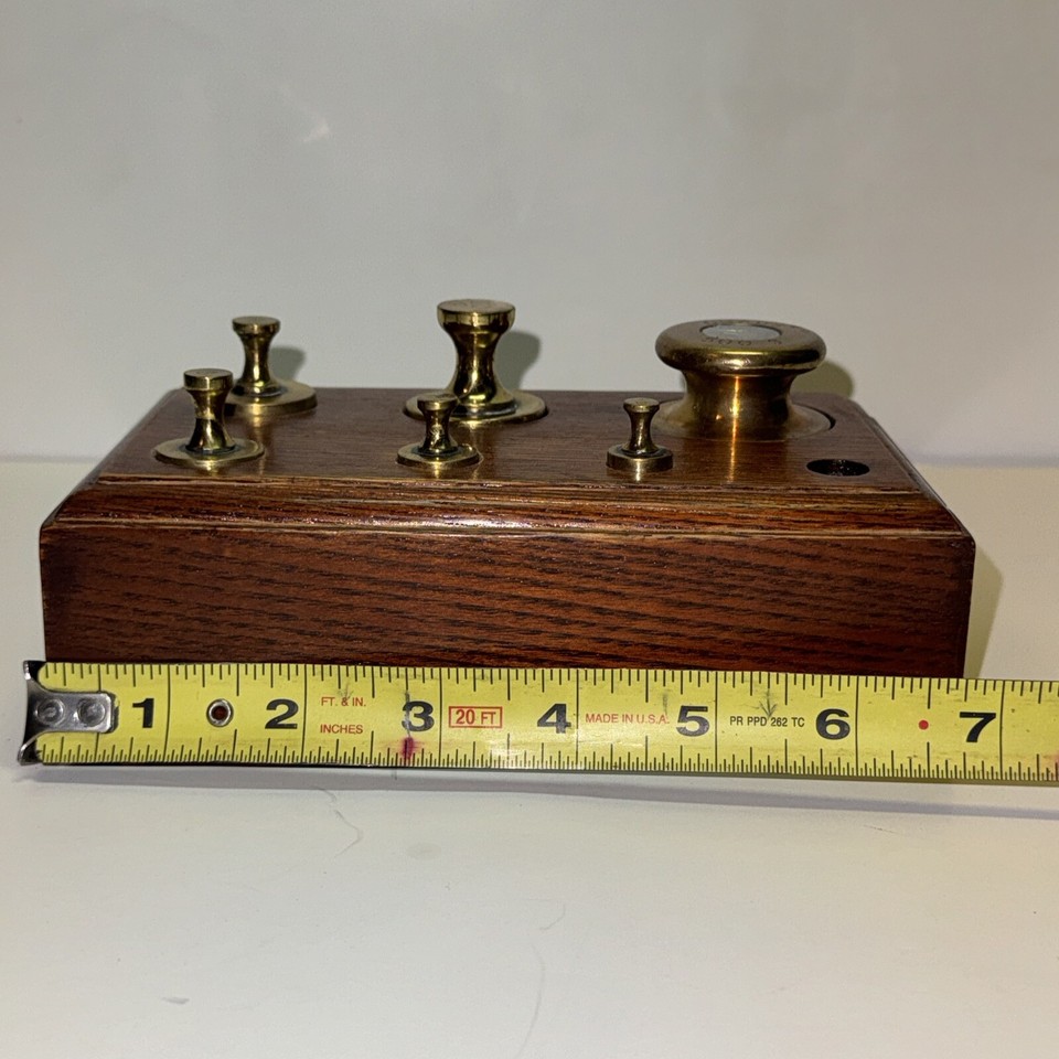 Antique Brass Weights in Wooden Block Measuring Scale Set. | eBay