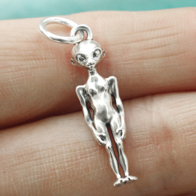 Solid 925 Sterling Silver 3D Alien Charm Pendant Saucer Man F Necklace ...