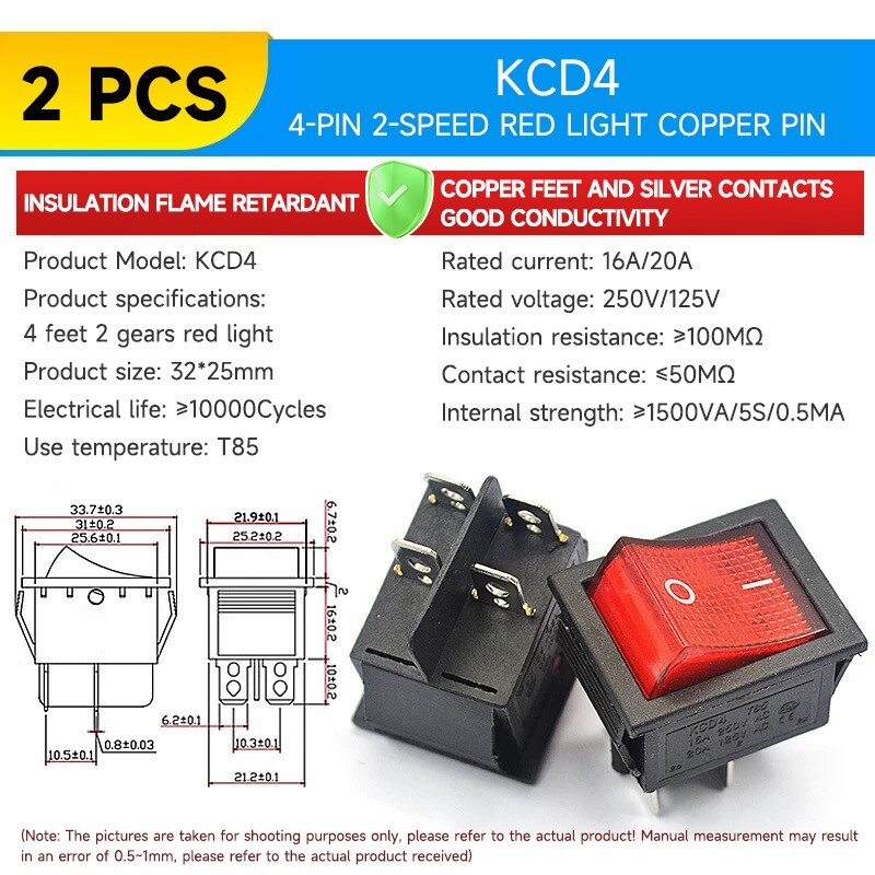 2x On Off Red Light Rocker Switch DPST 250V AC 16 AMP 125V 20A 4 lug ...