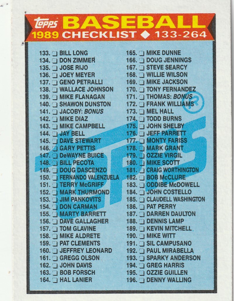 FREE SHIPPING-MINT-1989 Topps Checklist #258 PLUS BONUS CARDS | eBay