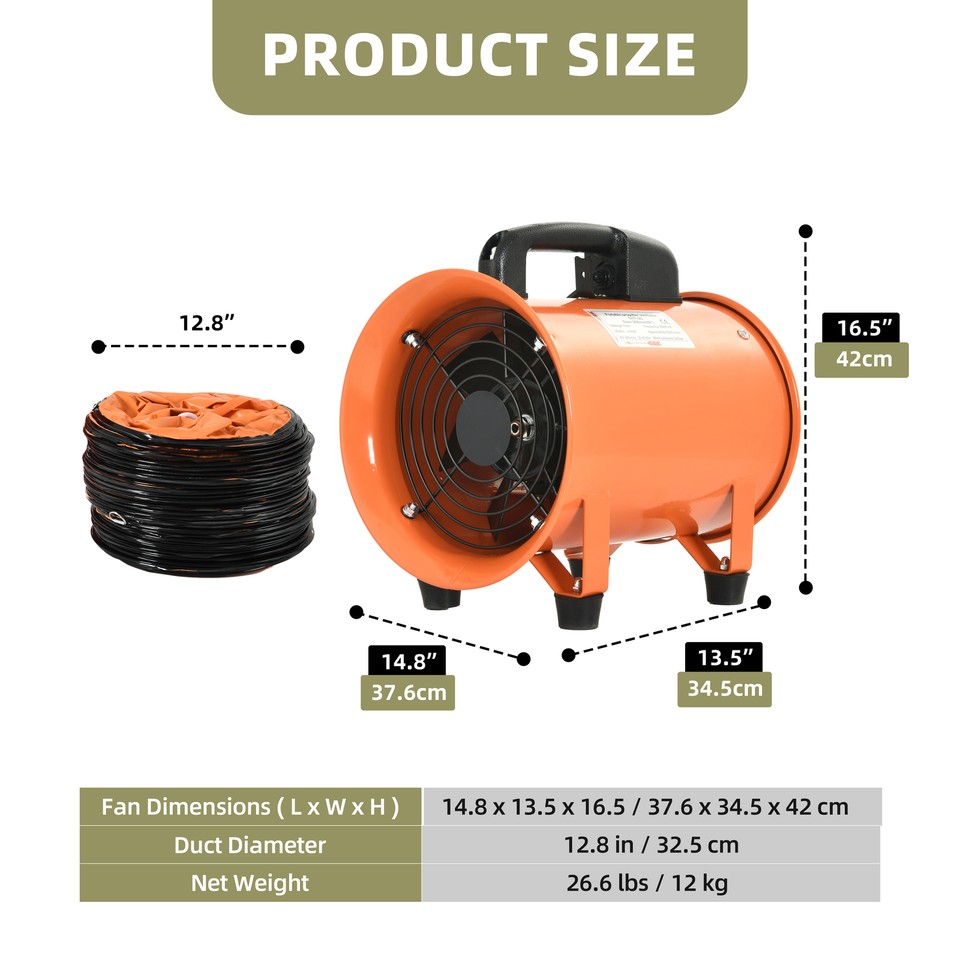 12" Extractor Fan 520W Exhaust Explosion Proof Ventilator w/ Duct Hose ...
