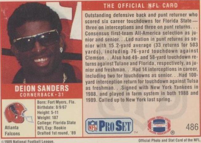 1989 Pro Set Deion Sanders #486 for sale | eBay
