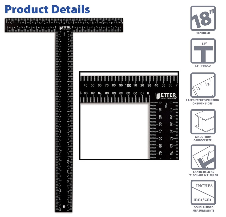 T Square T Ruler 18 inch Metal T Ruler Carbon Steel Ruler Double Sided ...