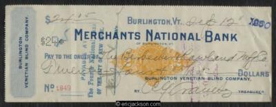 BANK CHECK RN-X7 Burlington, Vermont. Merchants National Bank of ...