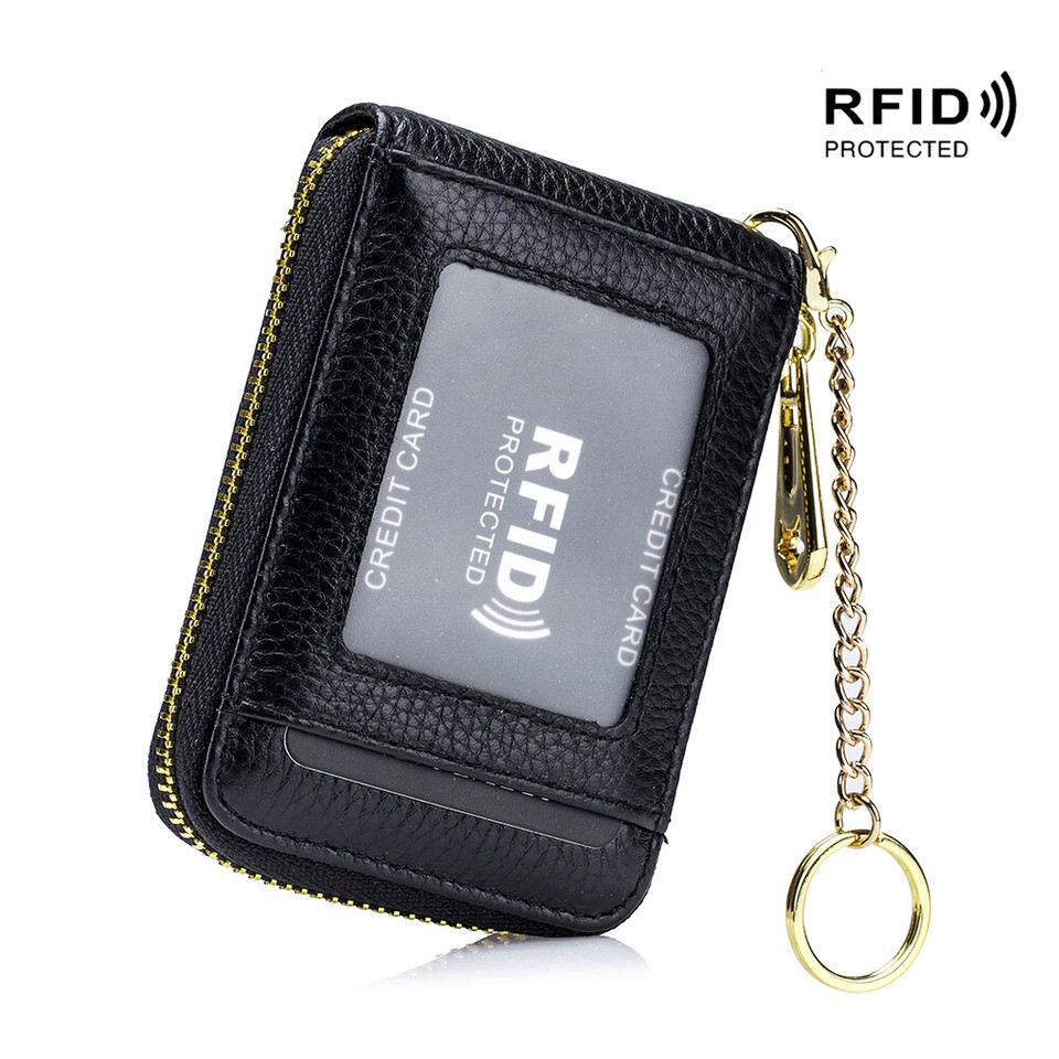 RFID Leather Credit Card Holder Zipper Card Case Keychain Small Wallet ...