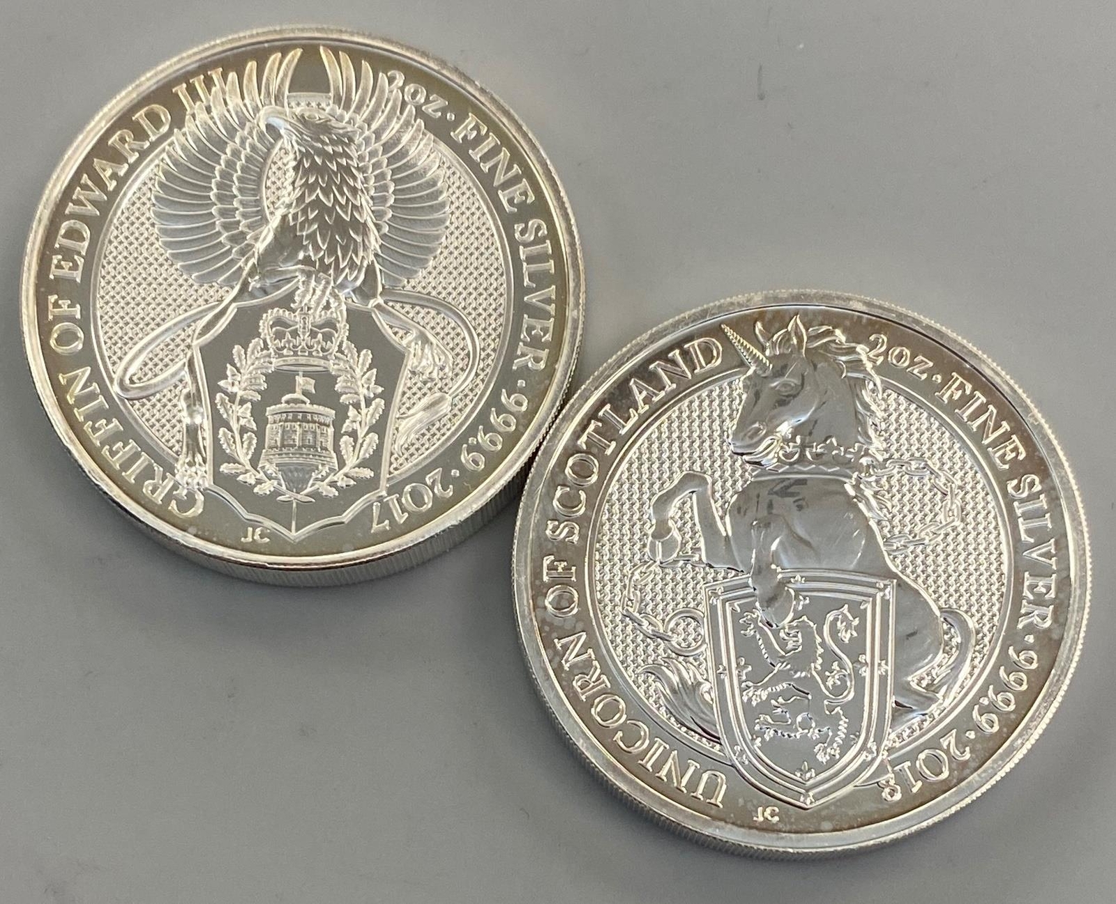 2 UK 2ozt .9999 Silver BU Beasts Coins 2017-Griffin 2018-Unicorn L18448 ...