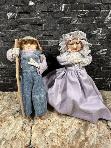 Corn Cob Doll Couple Man & Women Folk Art Vintage 6” Purple Farm ...