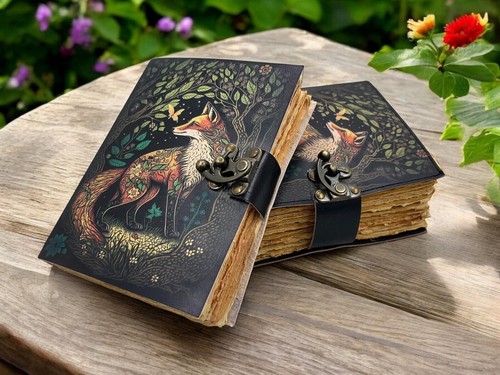 Large fox vintage handmade leather journal grimoire fat journal blank ...