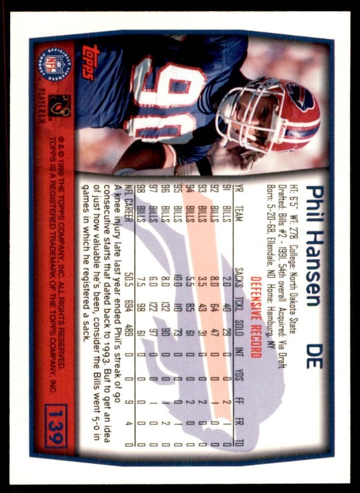 1999 TOPPS PHIL HANSEN BUFFALO BILLS #139 | eBay