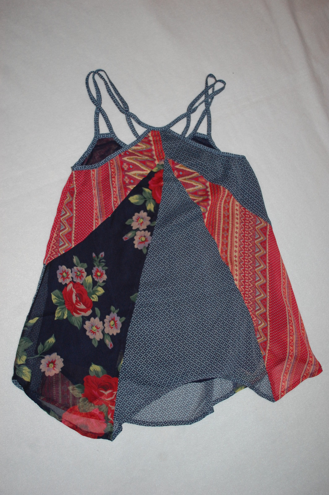 Jr Womens DRESSY TANK TOP Patchwork BLUE RED FLORAL Shark Bite LINED ...