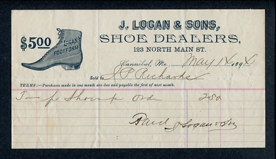1894 Shoe Store Receipt Hannibal MO 123 No Main Logan's Footform Fancy ...