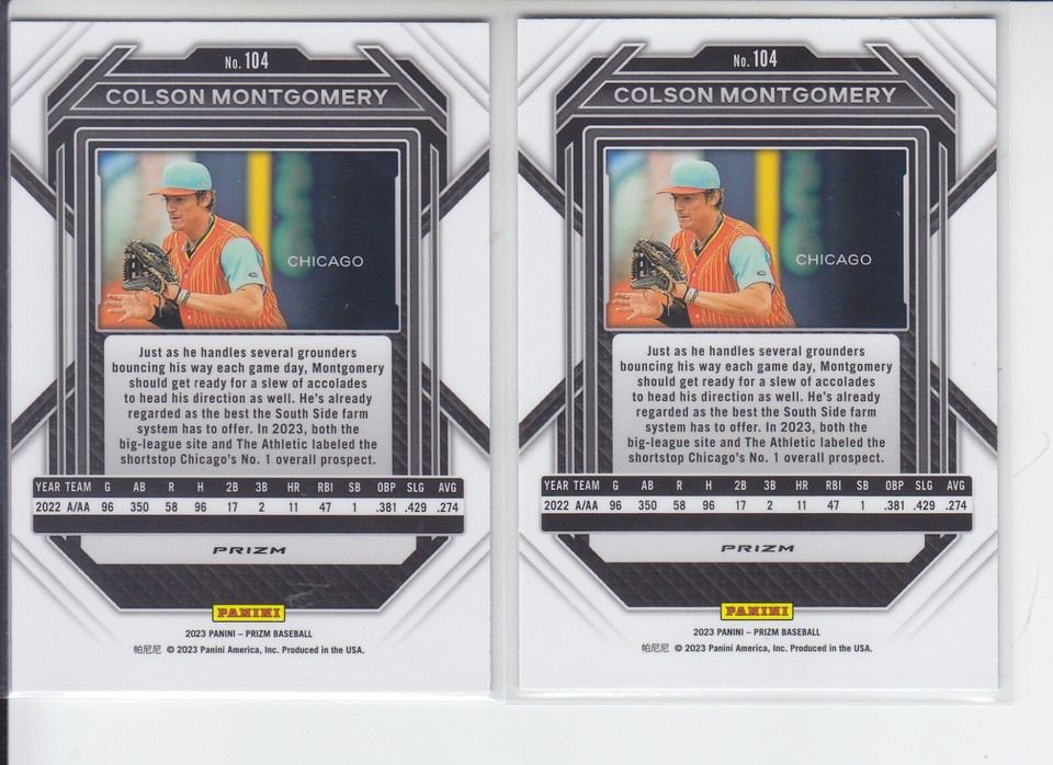 (2) 2023 Prizm Colson Montgomery Blue Cracked Ice + Green Ice White Sox ...