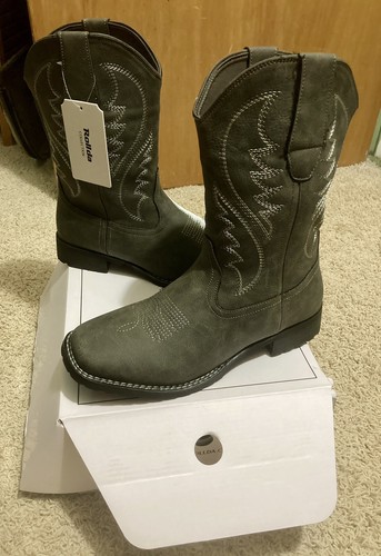 Rollda Mens Gray Western Cowboy Boots With Embroidery & Square Toe Mid ...